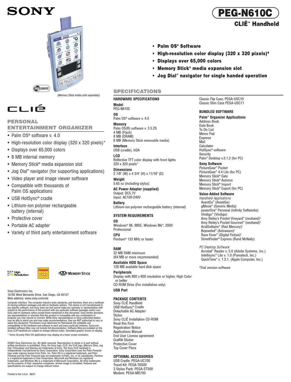 SONY PEG-N610C POWERONE INFINITY SOFTWORKS SPECIFICATIONS Pdf Download ...