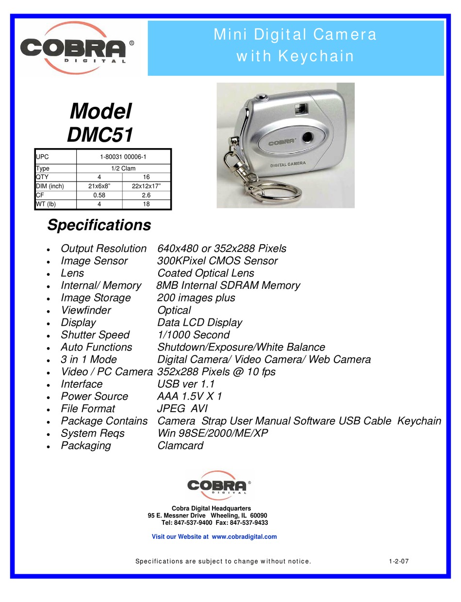 COBRA DIGITAL DMC51 DIGITAL CAMERA SPECIFICATIONS | ManualsLib