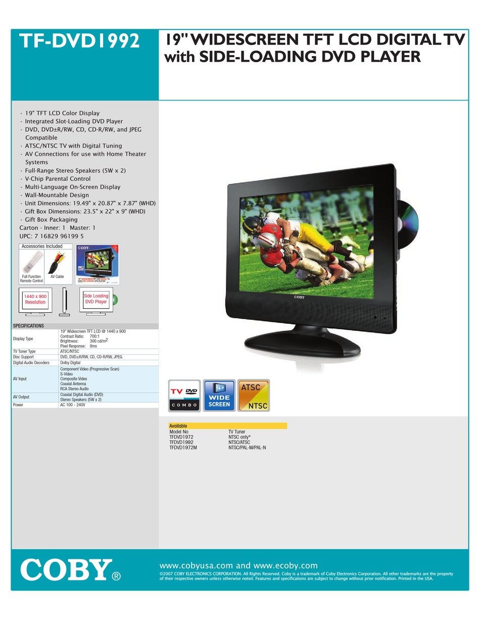 COBY TF-DVD1992 TV DVD COMBO SPECIFICATIONS | ManualsLib