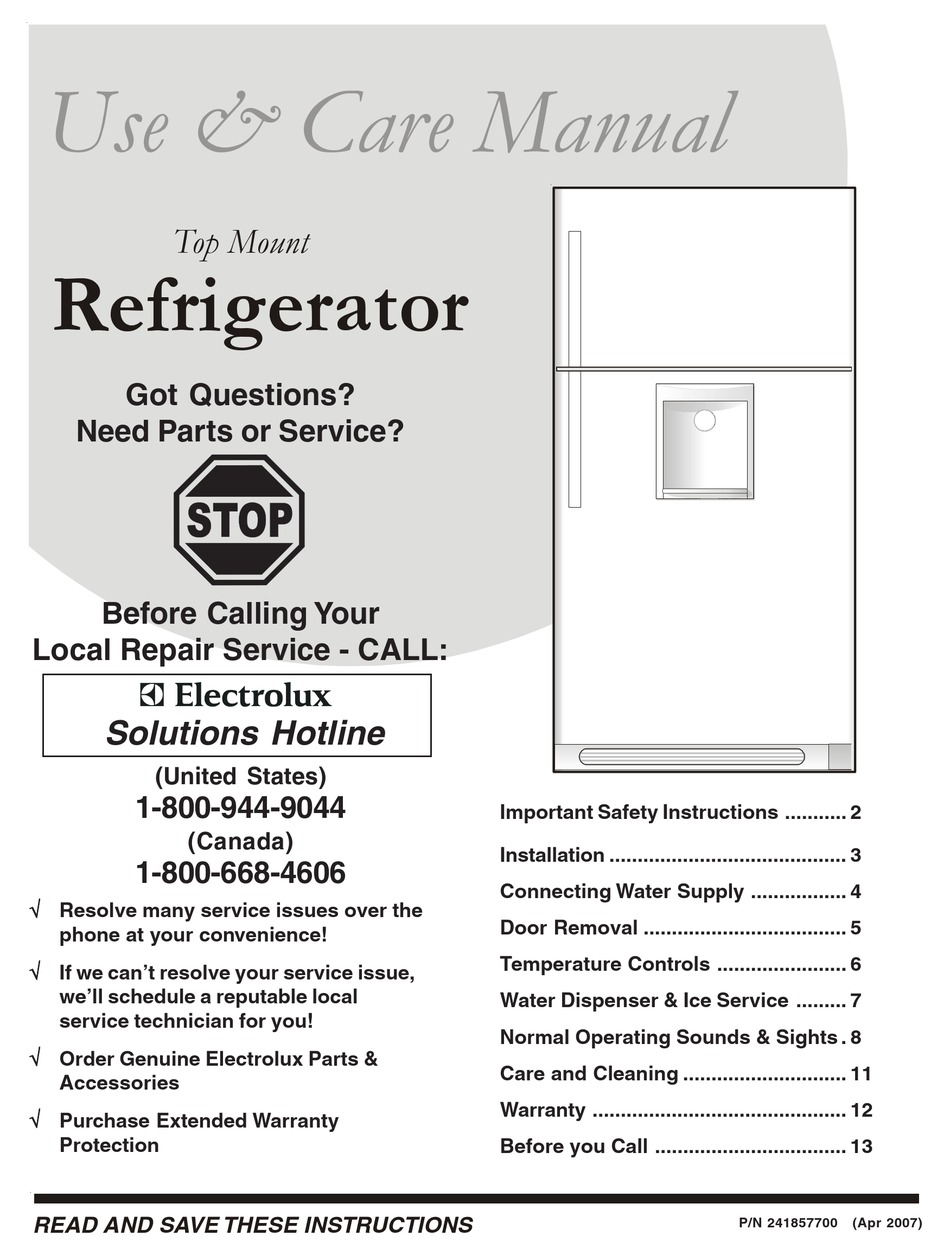 FRIGIDAIRE PHT219WHKM REFRIGERATOR USE AND CARE MANUAL | ManualsLib