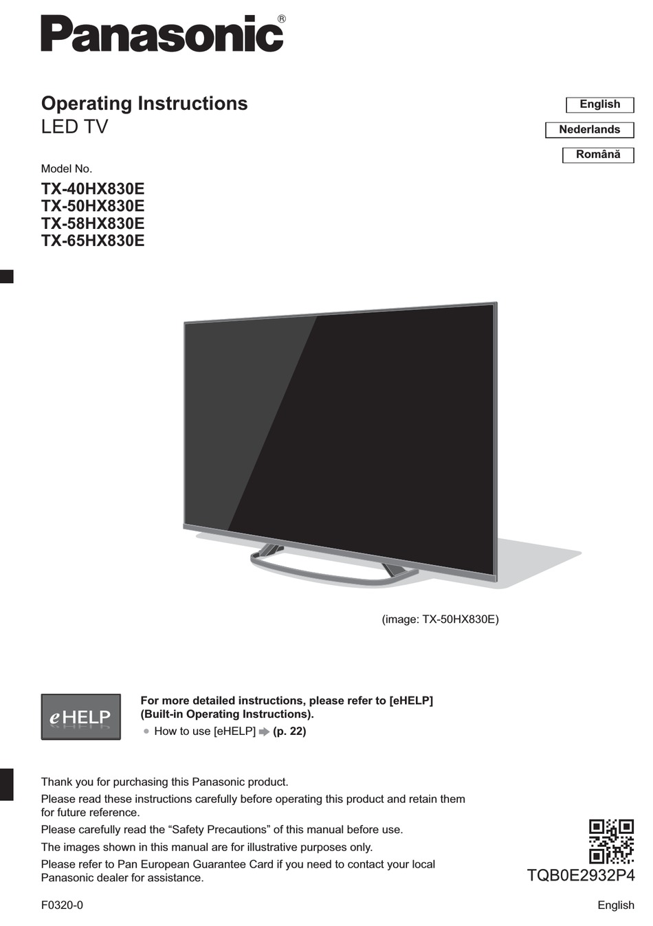 PANASONIC TX-40HX830E OPERATING INSTRUCTIONS MANUAL Pdf Download ...