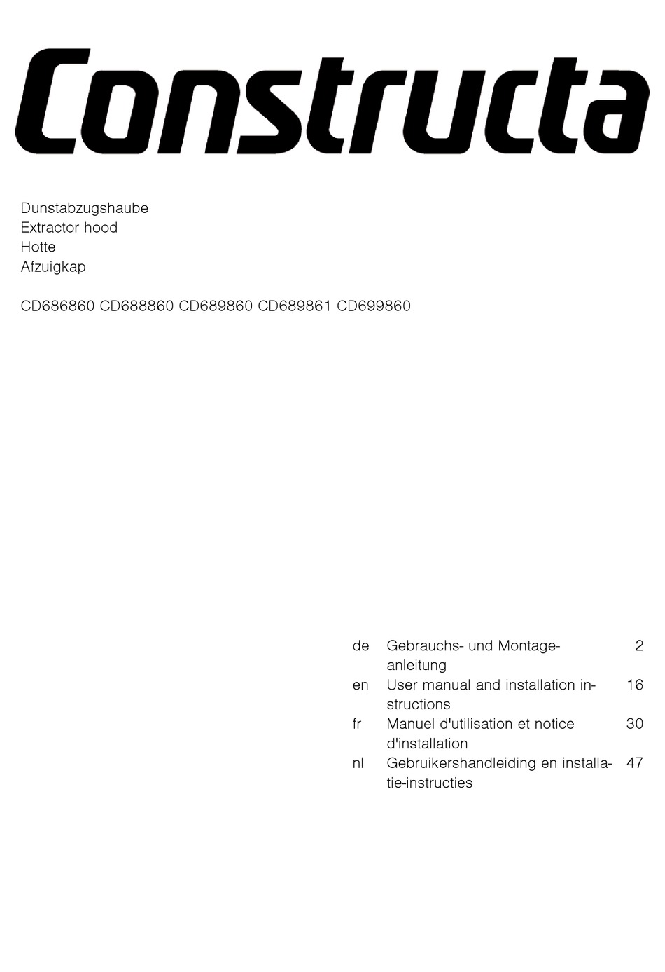 CONSTRUCTA CD686860 USER MANUAL AND INSTALLATION INSTRUCTIIONS Pdf Download | ManualsLib