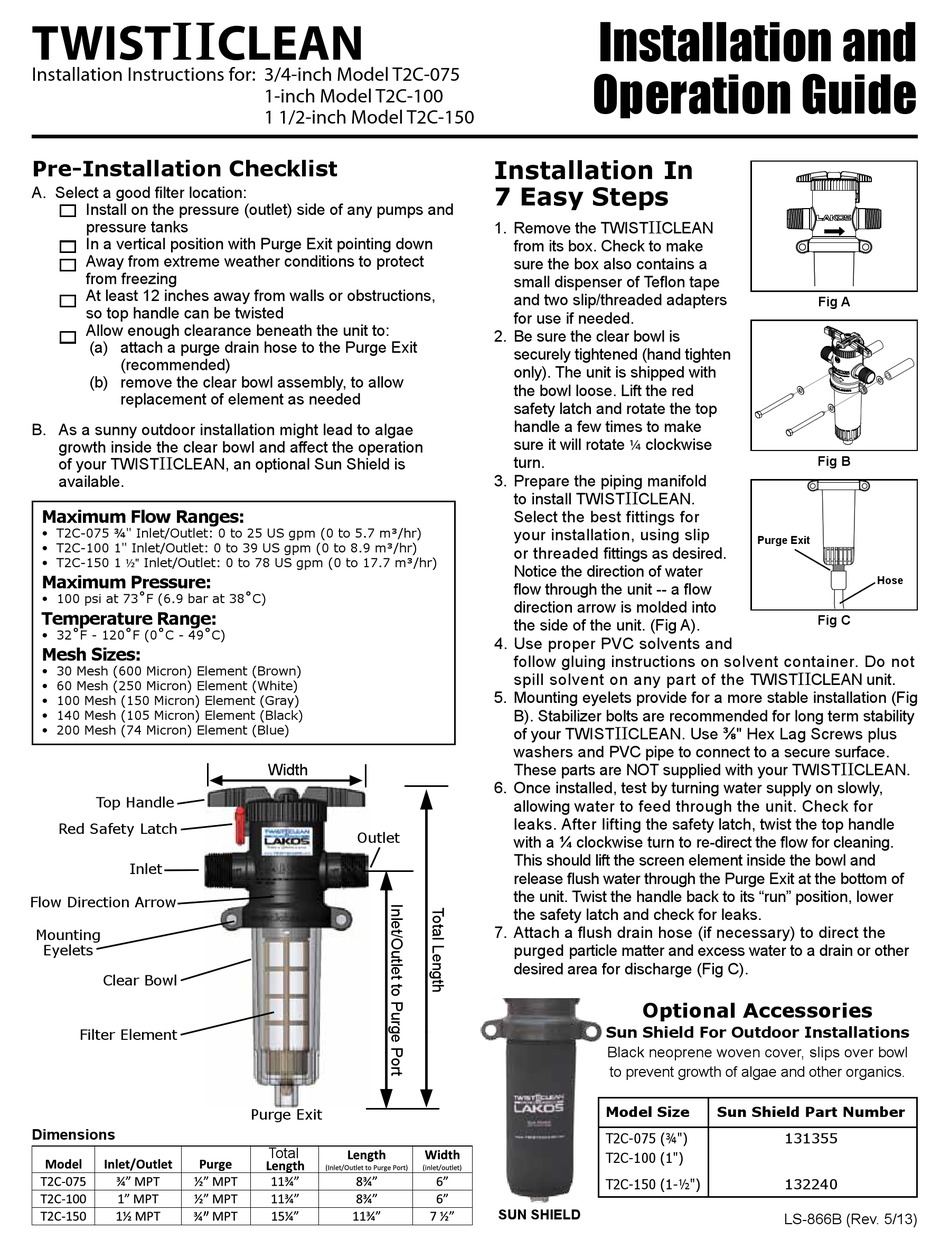 LAKOS TWISTIICLEAN INSTALLATION AND OPERATION MANUAL Pdf Download ...