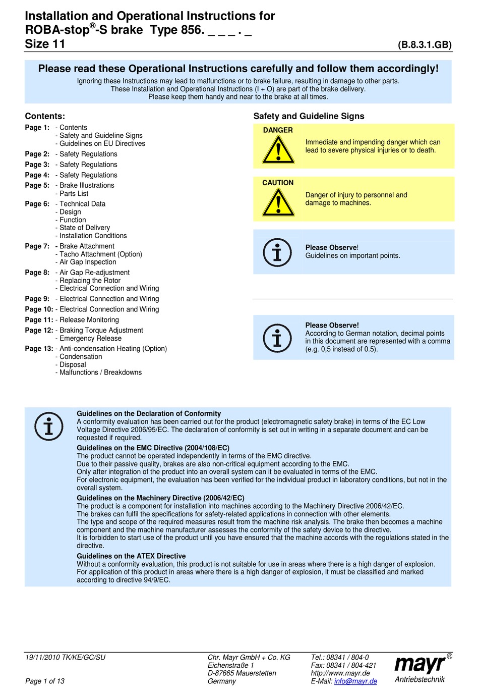 MAYR ROBA-STOP-S 856 INSTALLATION AND OPERATIONAL INSTRUCTIONS Pdf ...