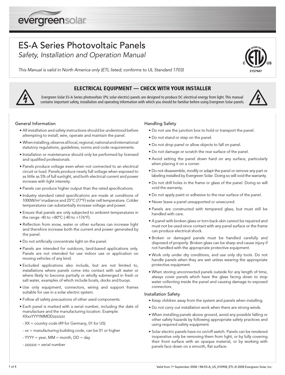 EVERGREEN SOLAR ES-A SERIES SAFETY, INSTALLATION, AND OPERATION MANUAL ...