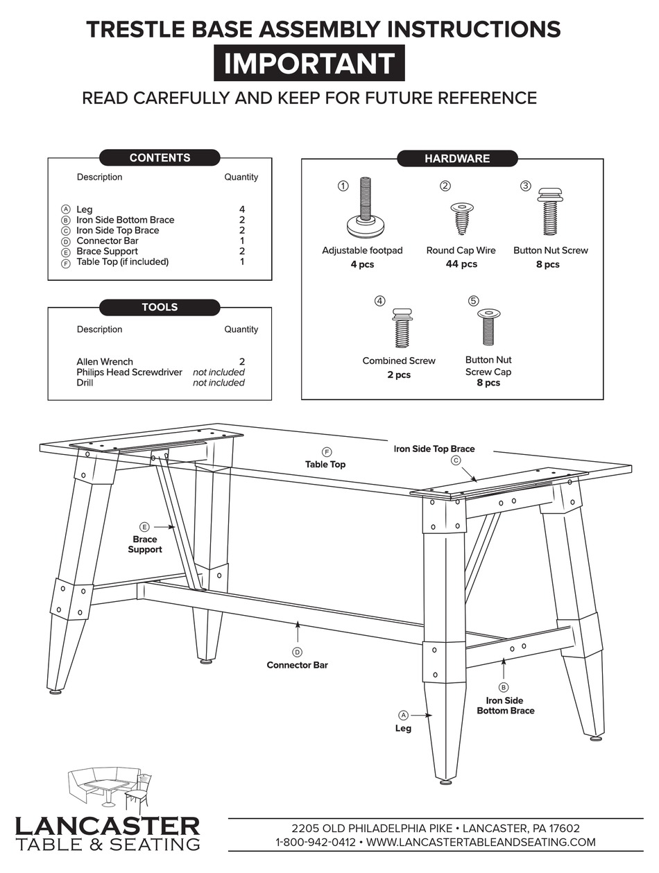 LANCASTER TRESTLE BASE ASSEMBLY INSTRUCTIONS MANUAL Pdf Download ...