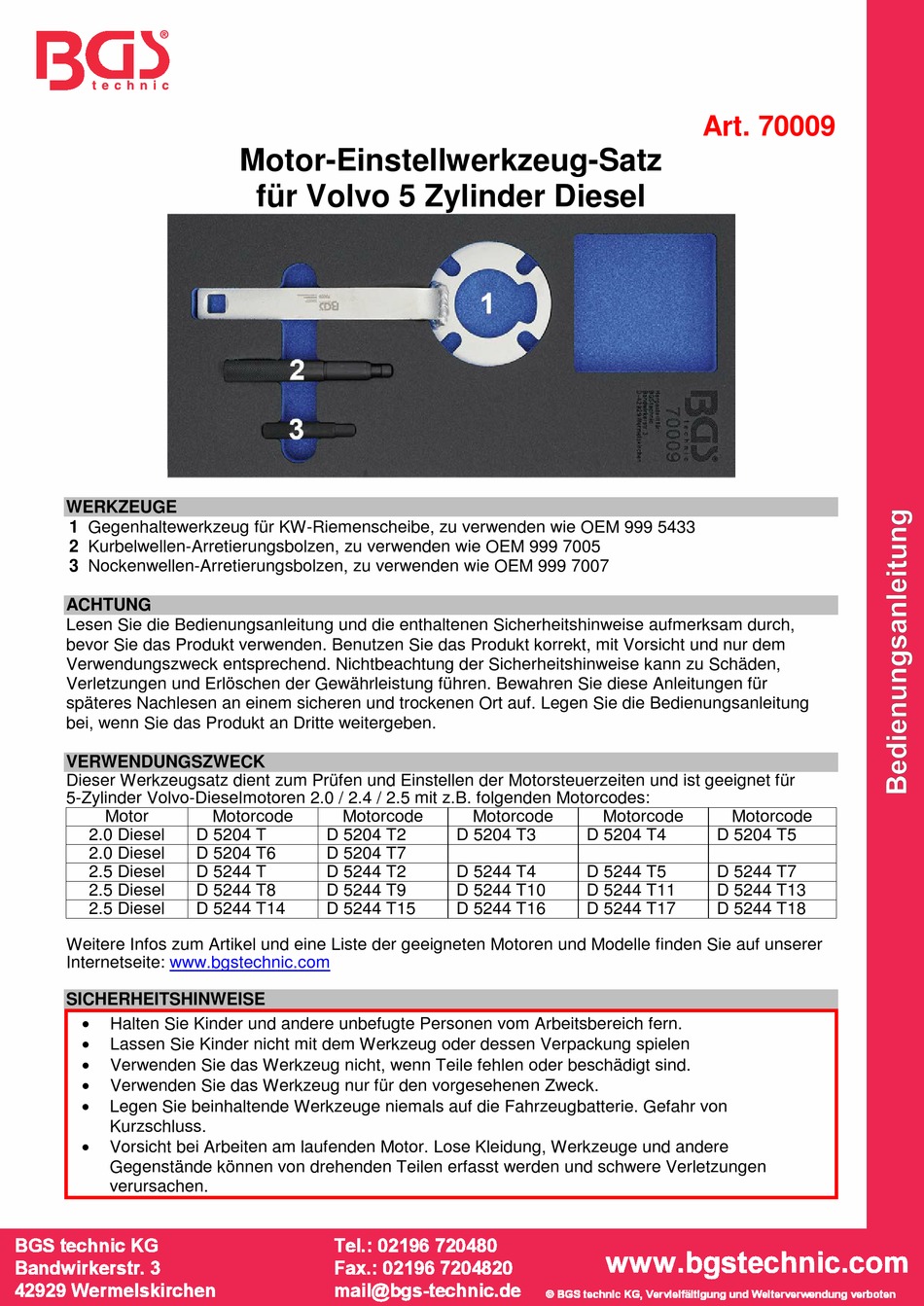 BGS TECHNIC 70009 INSTRUCTION MANUAL Pdf Download | ManualsLib