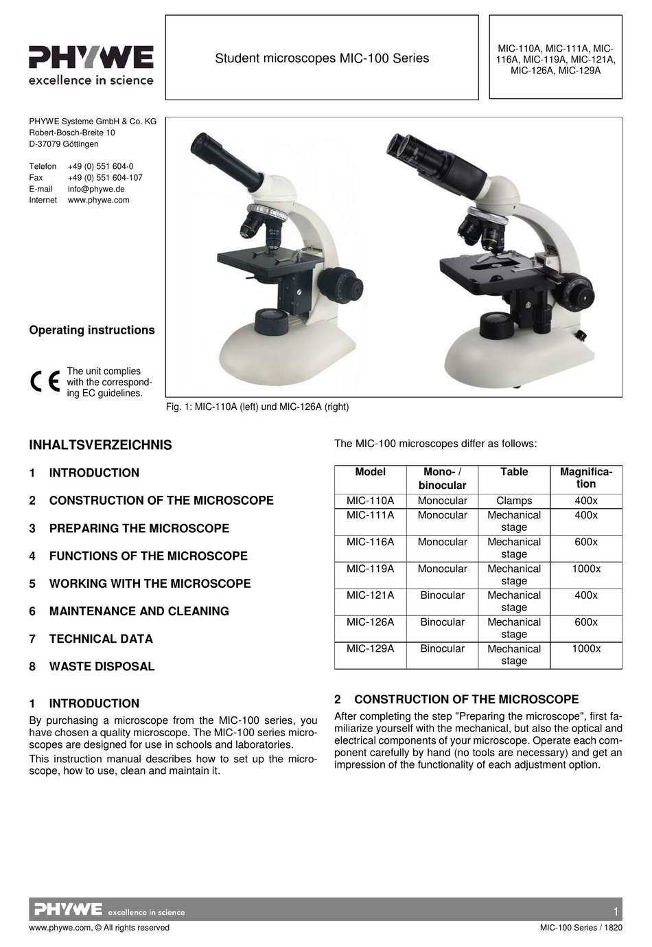 PHYWE MIC-100 SERIES OPERATING INSTRUCTIONS Pdf Download | ManualsLib