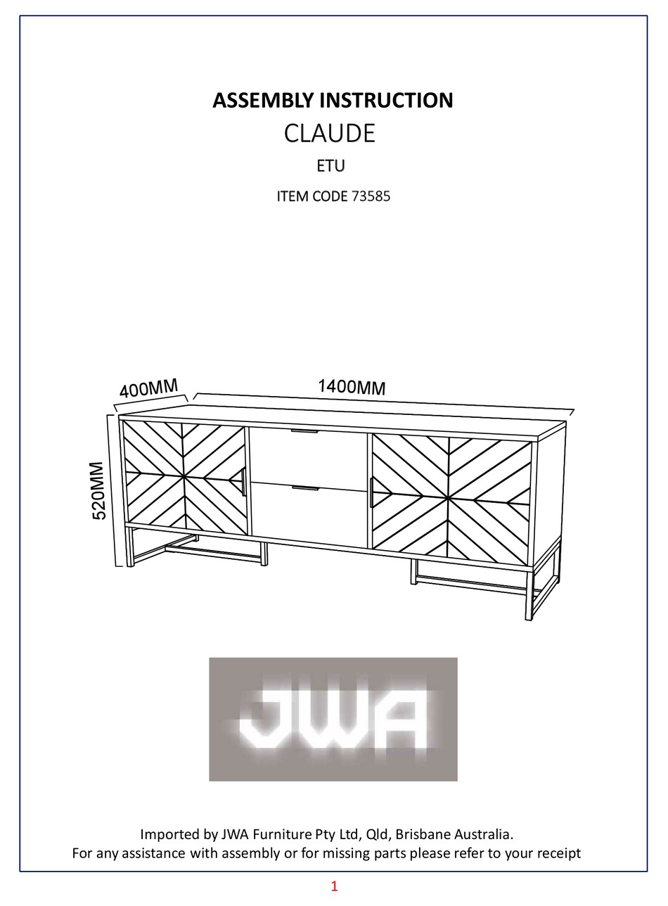 JWA CLAUDE 73585 ASSEMBLY INSTRUCTION MANUAL Pdf Download | ManualsLib