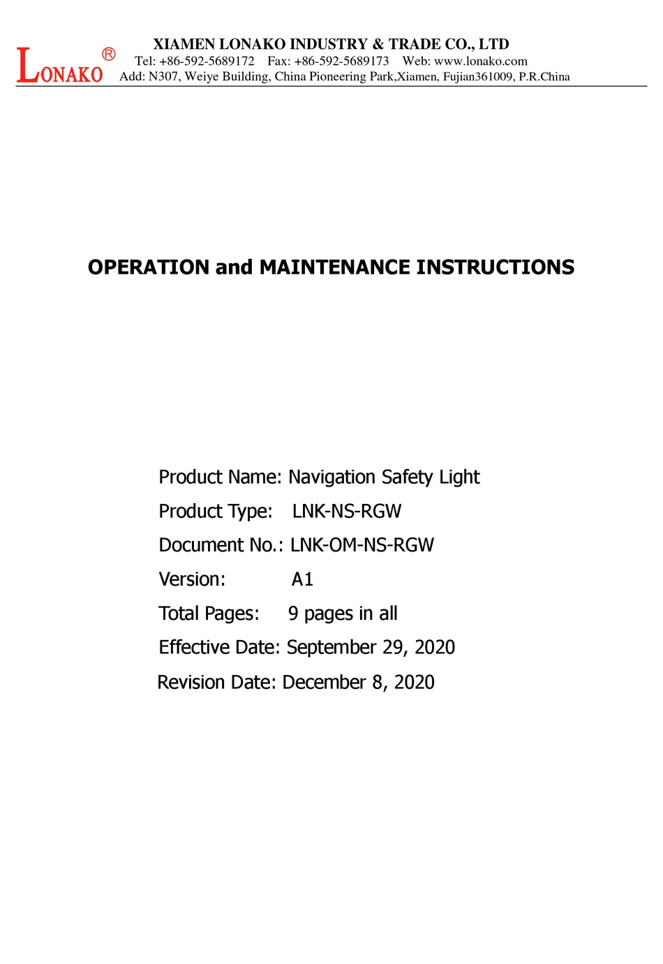 LONAKO LNK-NS-RGW ADDITIONAL INSTALLATION, OPERATION AND MAINTENANCE ... LONAKO LNK-NS-RGW ADDITIONAL INSTALLATION, OPERATION AND MAINTENANCE ...