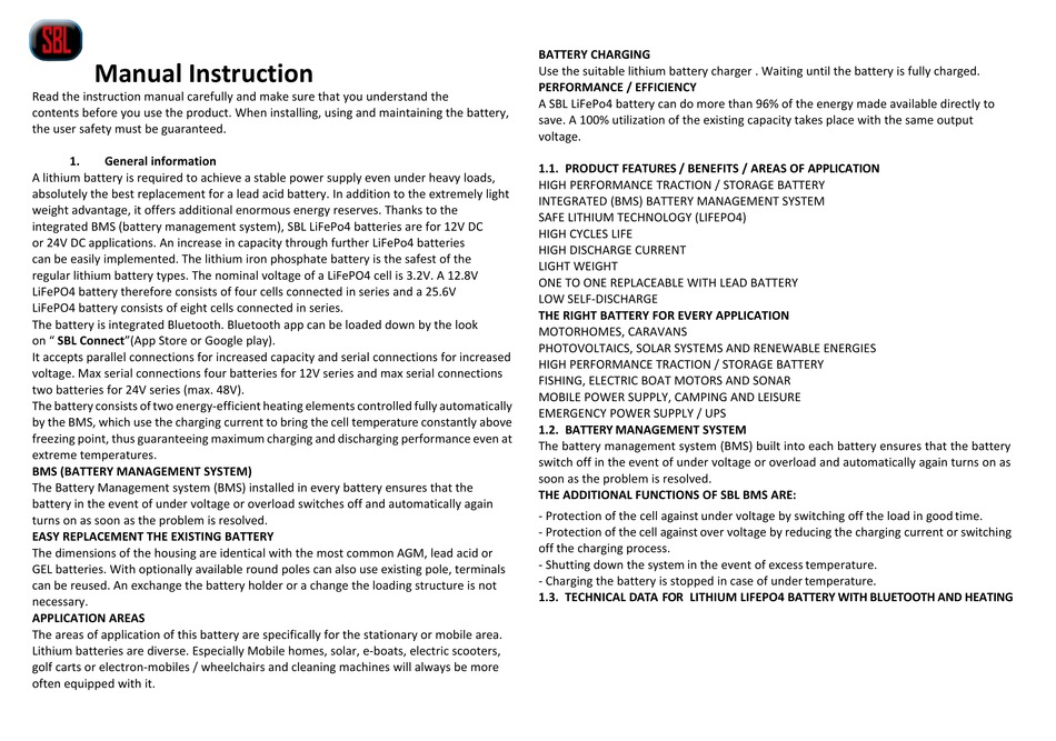 SBL LFP-24V50AHBLH MANUAL INSTRUCTION Pdf Download | ManualsLib
