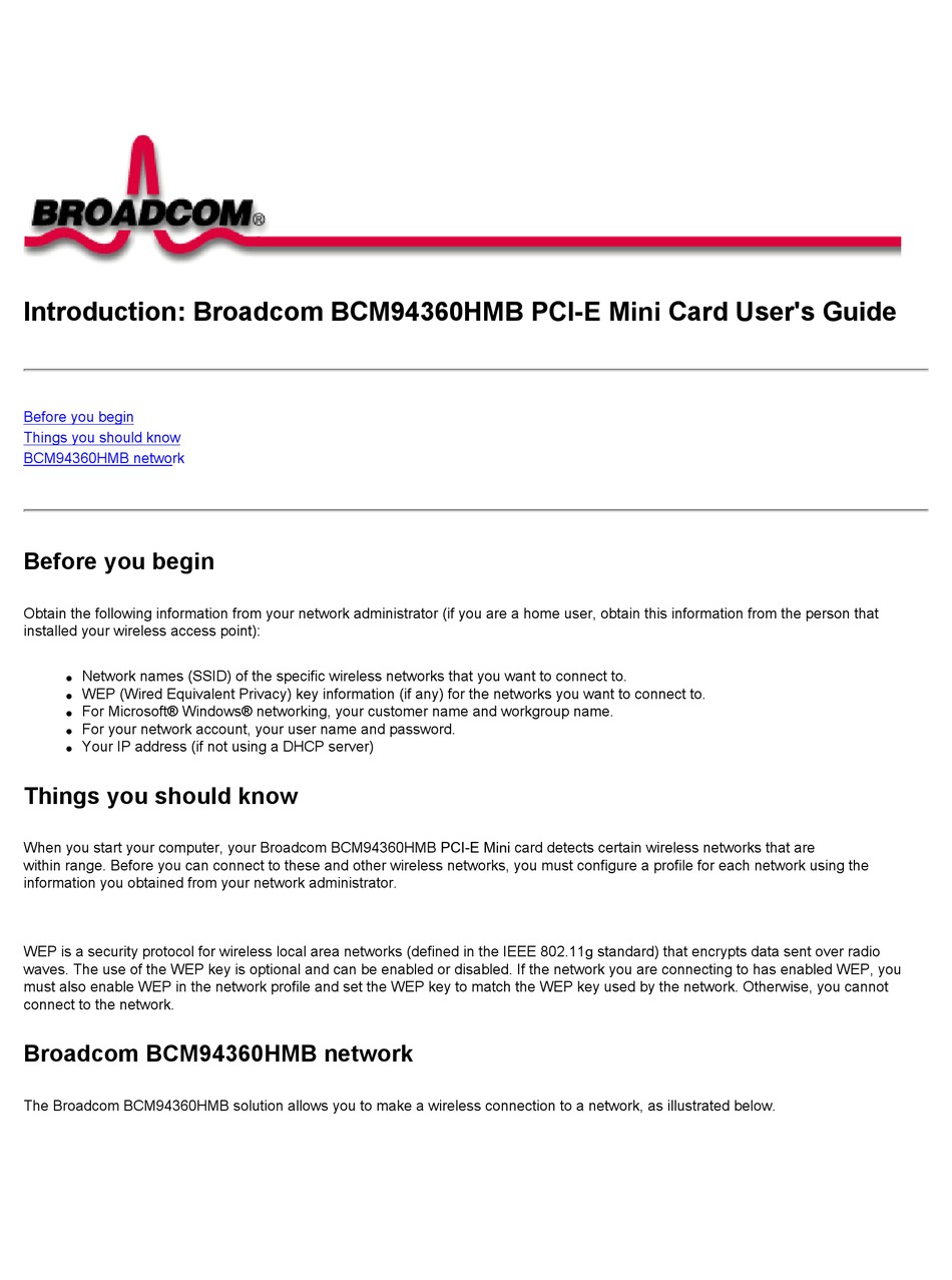 BROADCOM BCM94360HMB USER MANUAL Pdf Download | ManualsLib