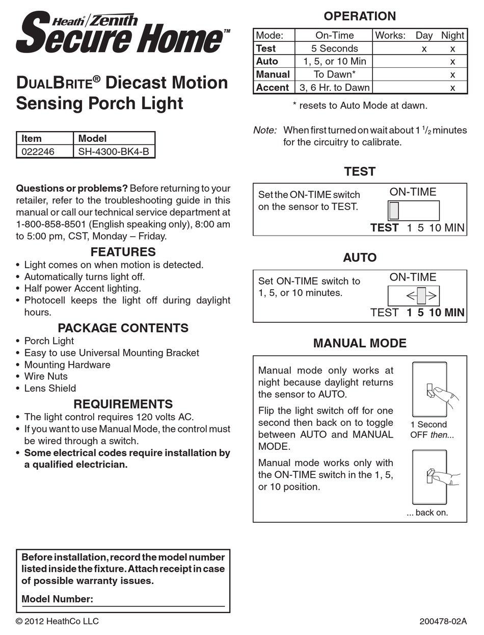 HEATH ZENITH SECURE HOME DUALBRITE SH-4300-BK4-B MANUAL Pdf Download ...