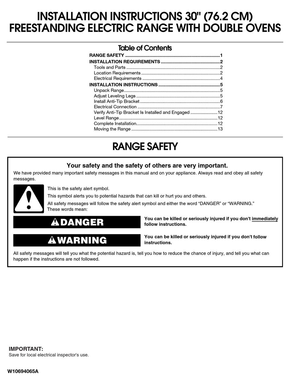 KITCHENAID KFED500EWH INSTALLATION INSTRUCTIONS MANUAL Pdf Download | ManualsLib