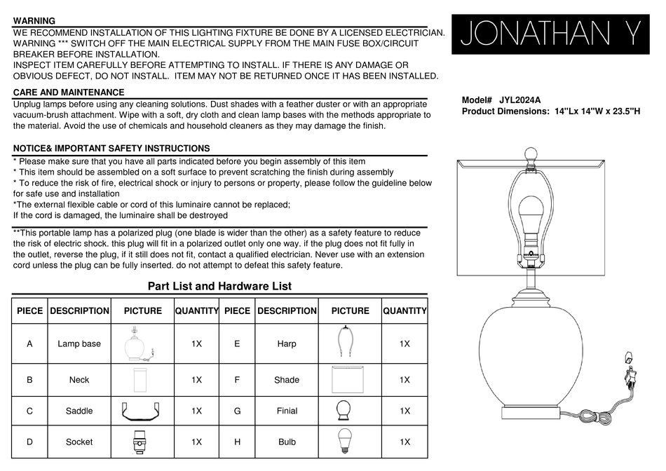 JONATHAN Y JYL2024A QUICK START MANUAL Pdf Download | ManualsLib