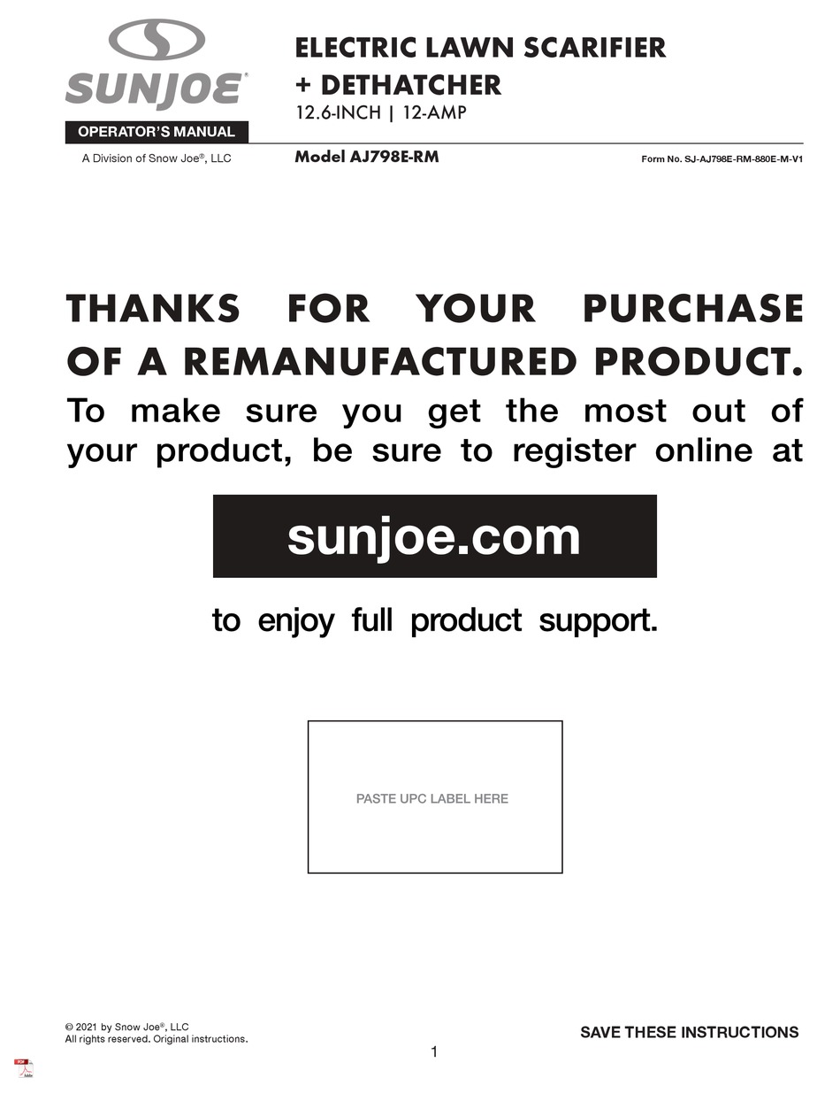 SUNJOE AJ798E-RM OPERATOR'S MANUAL Pdf Download | ManualsLib