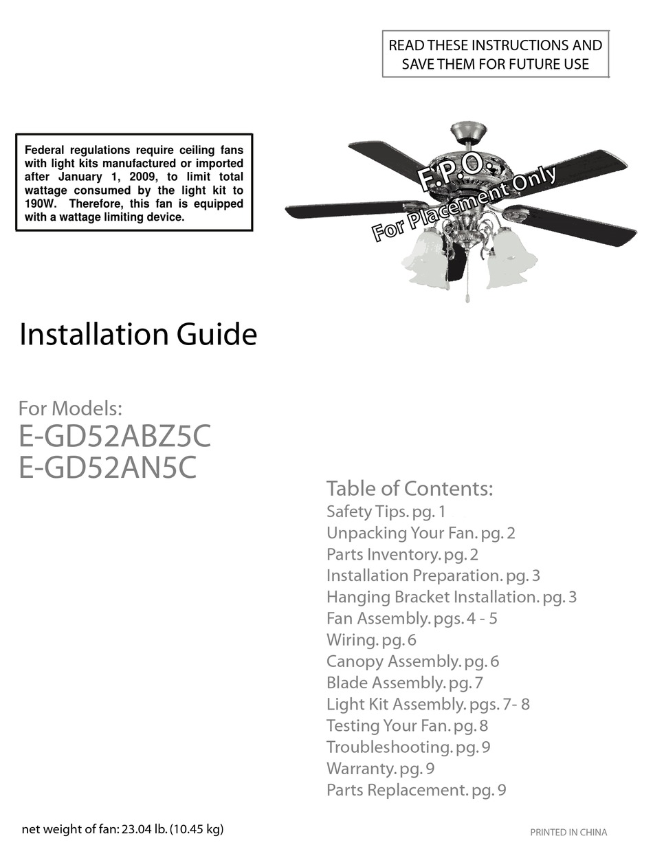CRAFTMADE ELLINGTON E-GD52ABZ5C INSTALLATION MANUAL Pdf Download ...