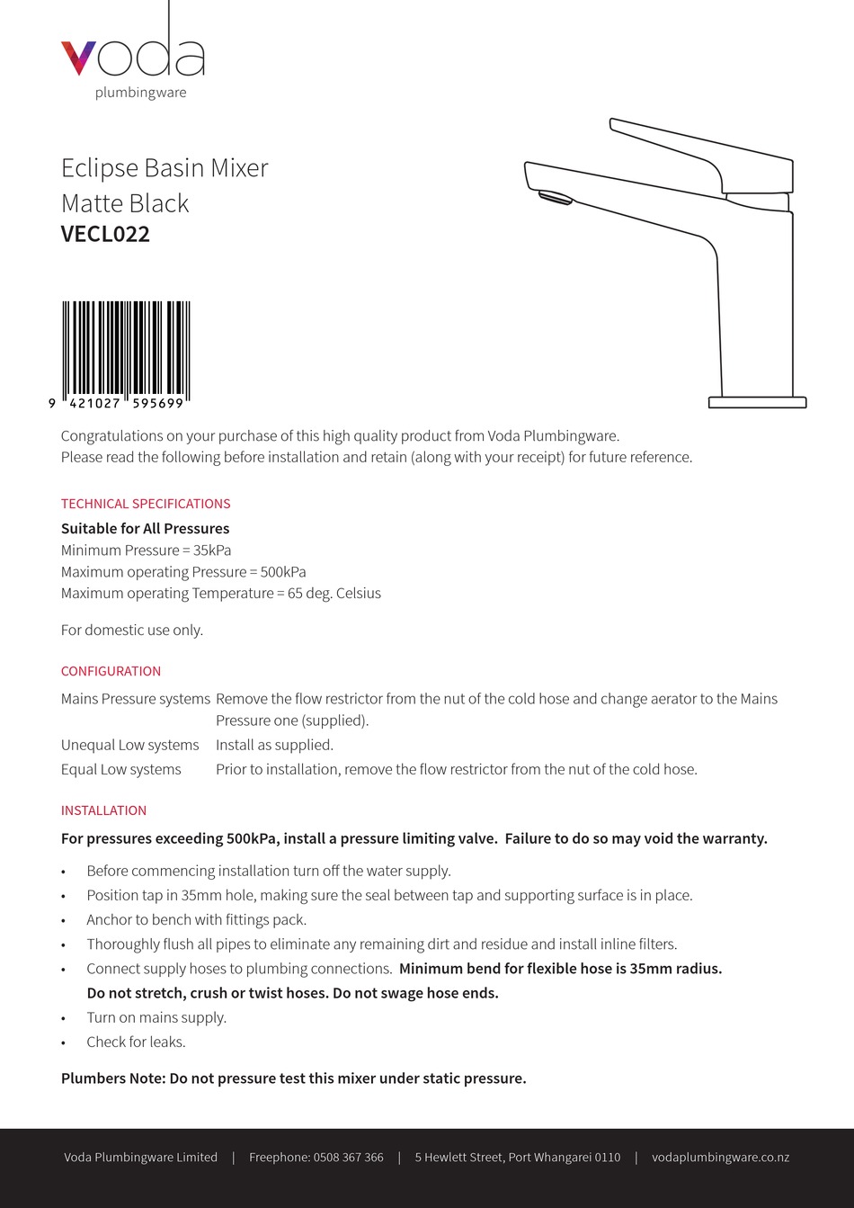 VODA PLUMBINGWARE ECLIPSE VECL022 MANUAL Pdf Download | ManualsLib