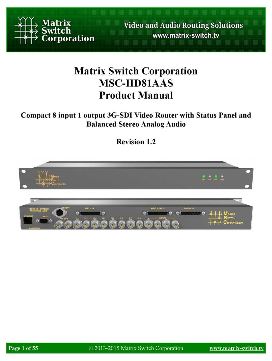MATRIX SWITCH CORPORATION MSC-HD81AAS PRODUCT MANUAL Pdf Download ...