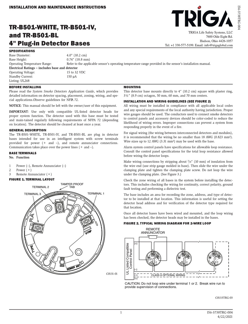 TRIGA TR-B501-WHITE INSTALLATION AND MAINTENANCE INSTRUCTIONS Pdf ...