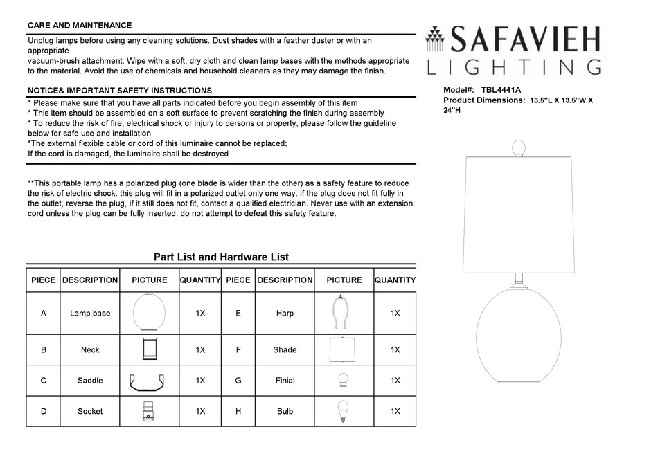 SAFAVIEH LIGHTING TBL4441A QUICK START MANUAL Pdf Download | ManualsLib