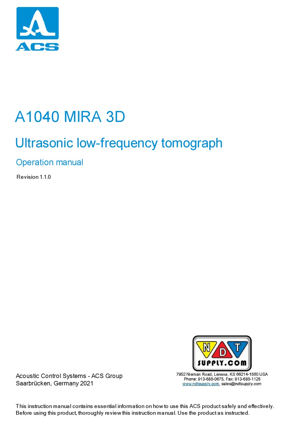 ACS A1040 MIRA 3D OPERATION MANUAL Pdf Download | ManualsLib