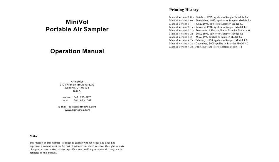 AIRMETRICS MINIVOL OPERATION MANUAL Pdf Download | ManualsLib