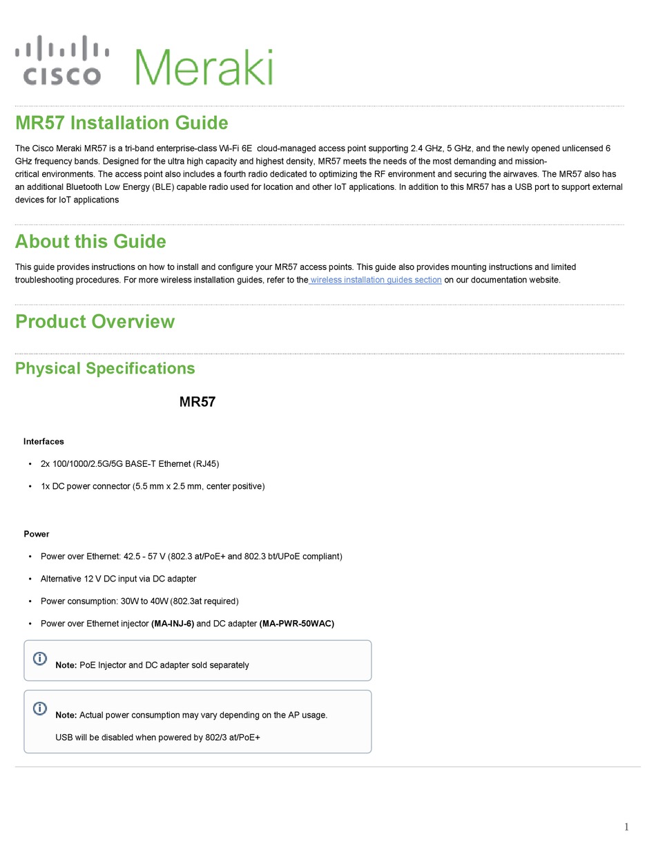 CISCO MERAKI MR57 INSTALLATION MANUAL Pdf Download | ManualsLib