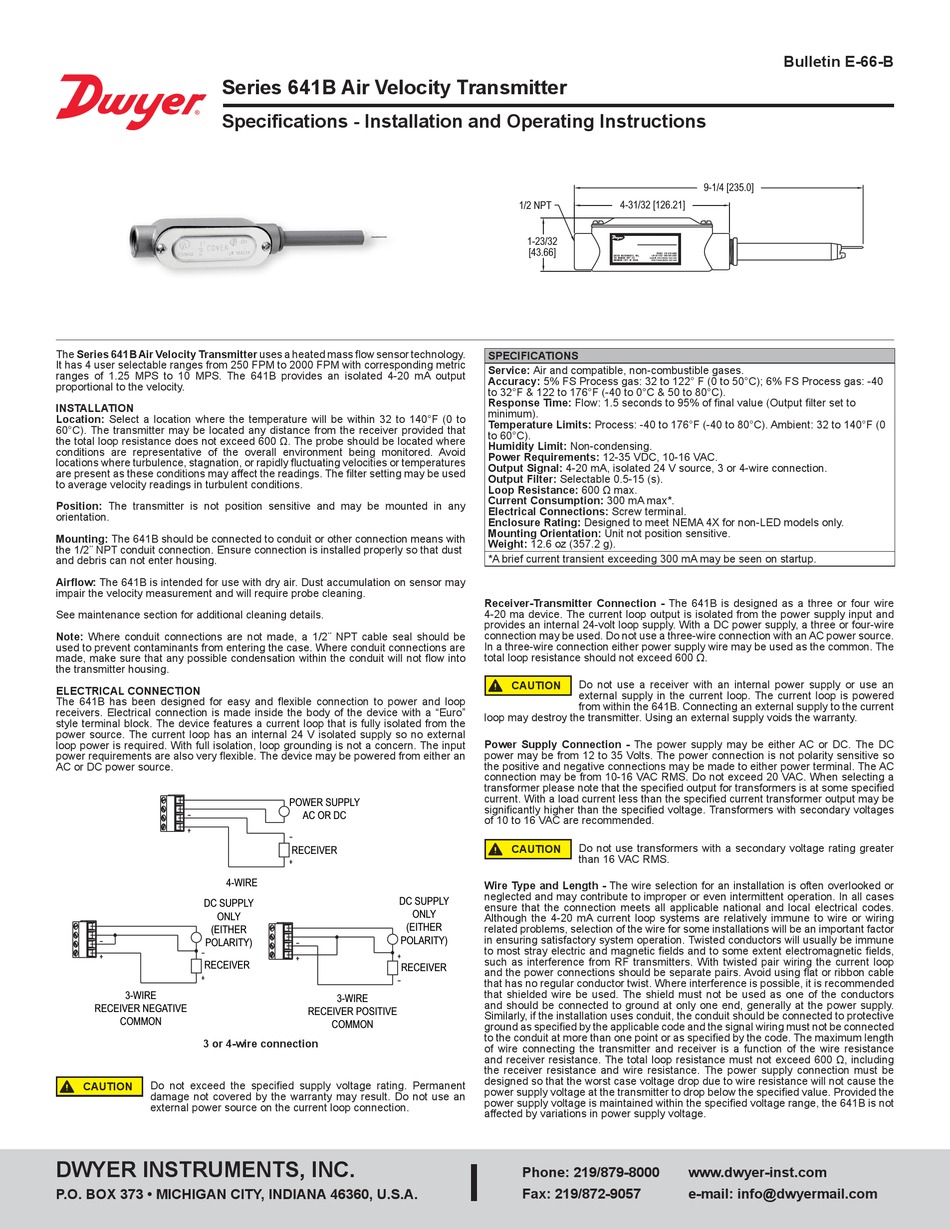 DWYER INSTRUMENTS 641B SERIES INSTALLATION AND OPERATING INSTRUCTIONS ...