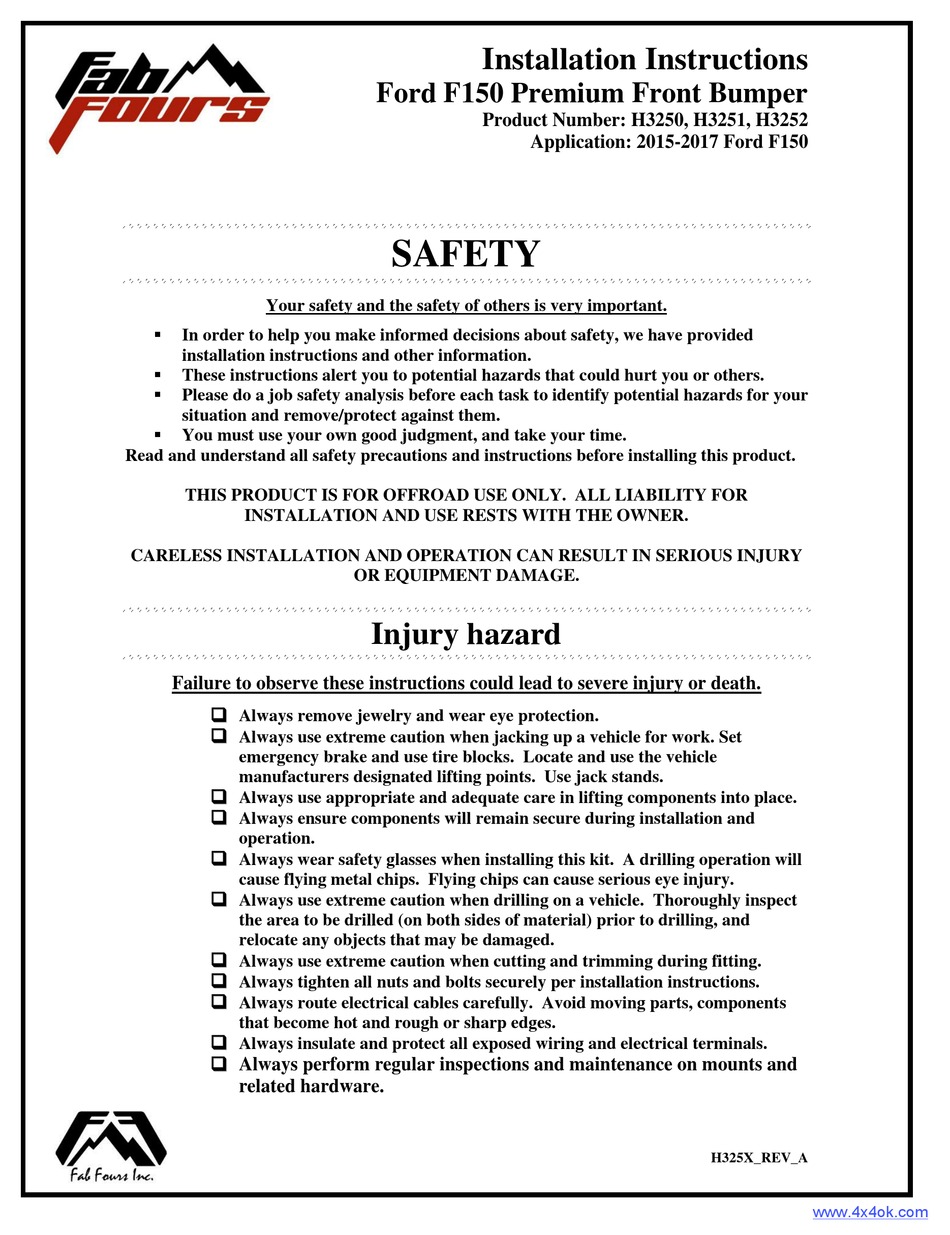 FAB FOURS H3250 INSTALLATION INSTRUCTIONS MANUAL Pdf Download | ManualsLib
