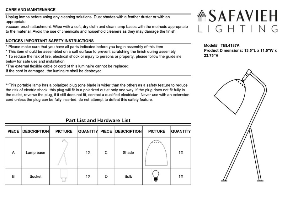 SAFAVIEH LIGHTING TBL4187A QUICK START MANUAL Pdf Download | ManualsLib SAFAVIEH LIGHTING TBL4187A QUICK START MANUAL Pdf Download | ManualsLib