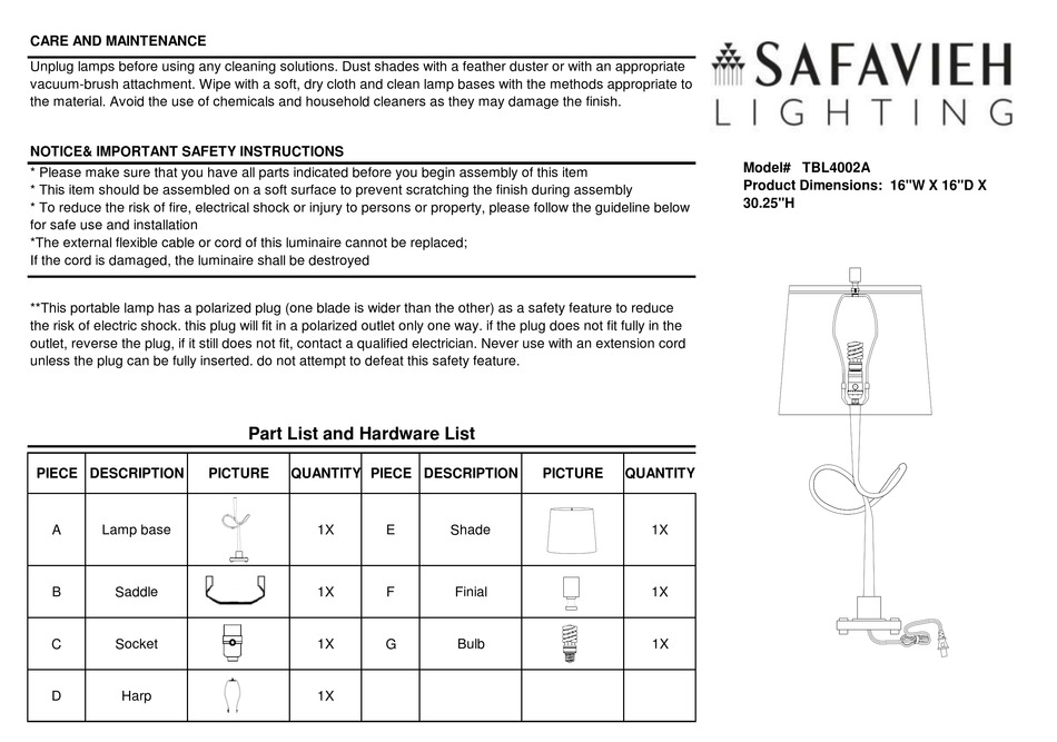 SAFAVIEH LIGHTING HENSLEY TBL4002A MANUAL Pdf Download | ManualsLib