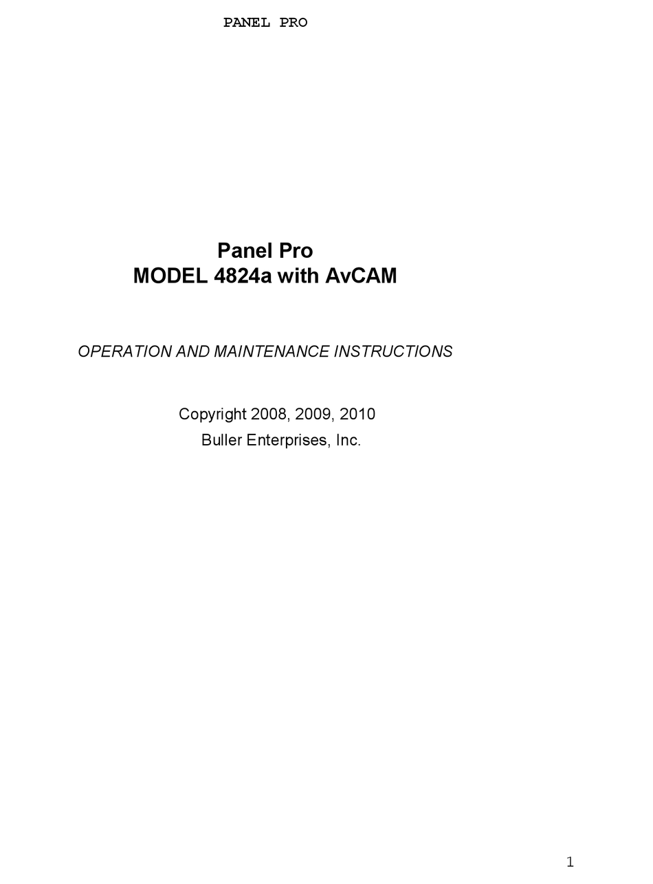 BULLER ENTERPRISES PANEL PRO ADDITIONAL INSTALLATION, OPERATION AND ...