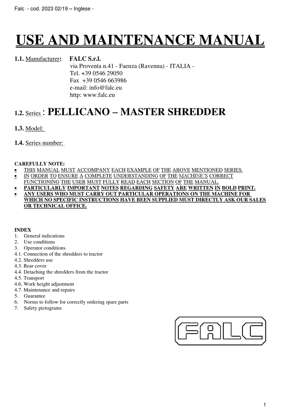 FALC PELLICANO USE AND MAINTENANCE MANUAL Pdf Download | ManualsLib