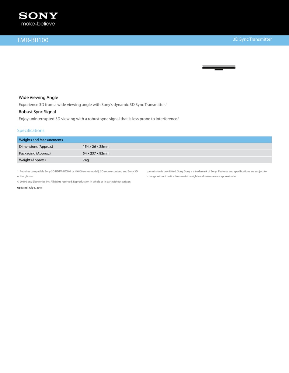 SONY TMR-BR100 TRANSMITTER SPECIFICATIONS | ManualsLib