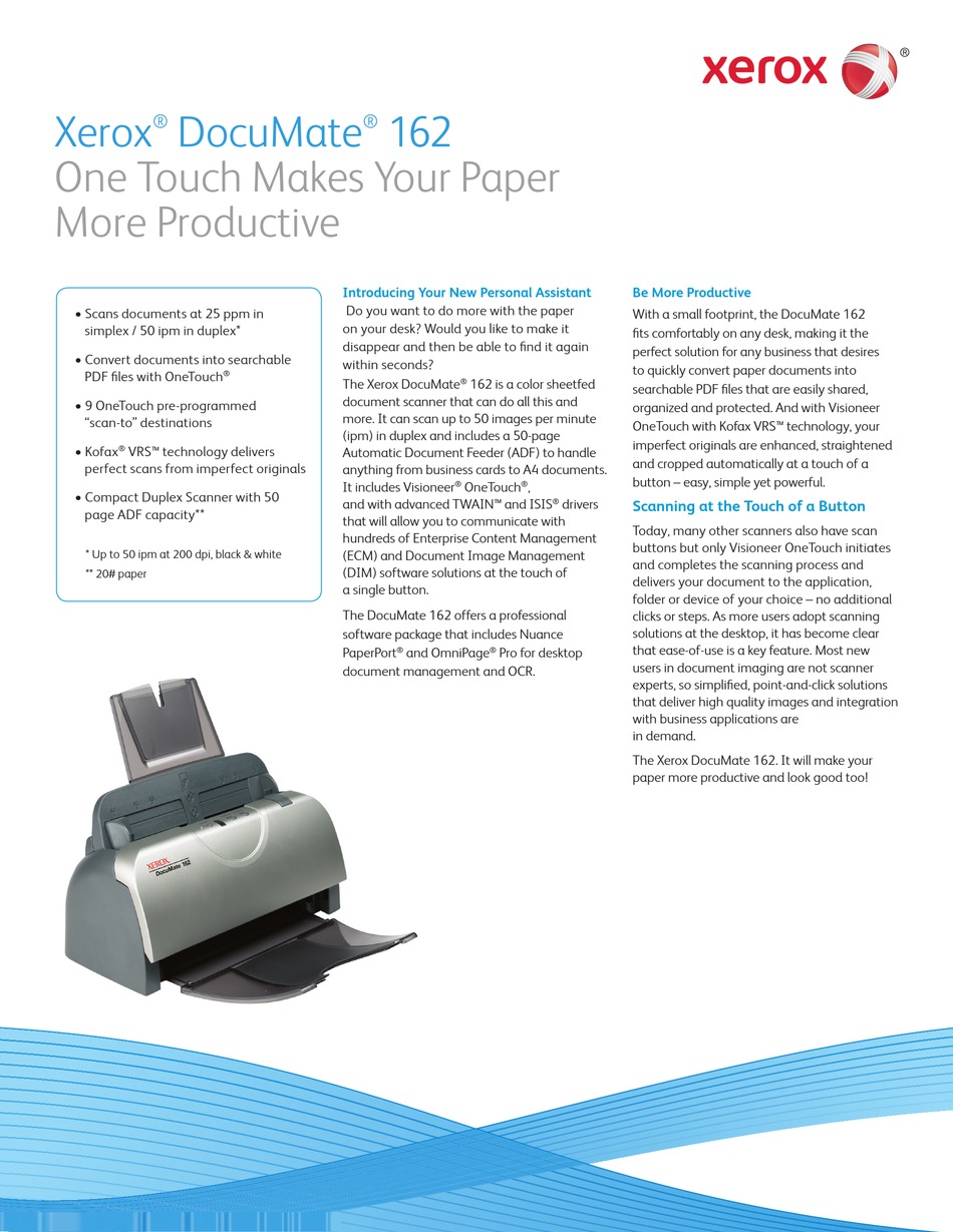 Xerox Documate 162 Scanner Brochure And Specs Manualslib