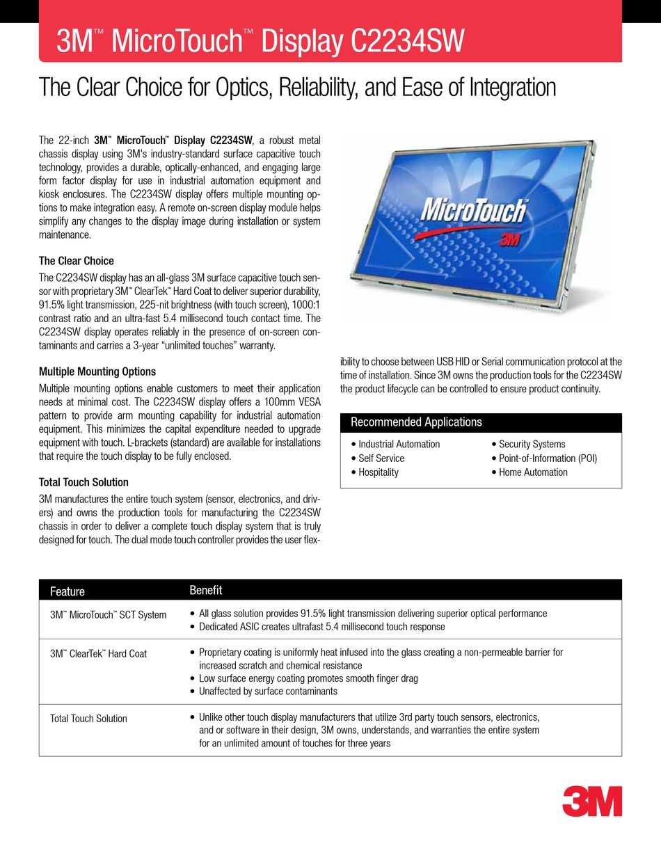 3M MICROTOUCH C2234SW MONITOR SPECIFICATIONS | ManualsLib