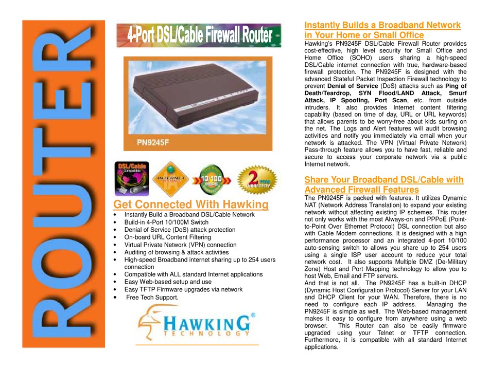HAWKING PN9245F NETWORK ROUTER SPECIFICATIONS | ManualsLib