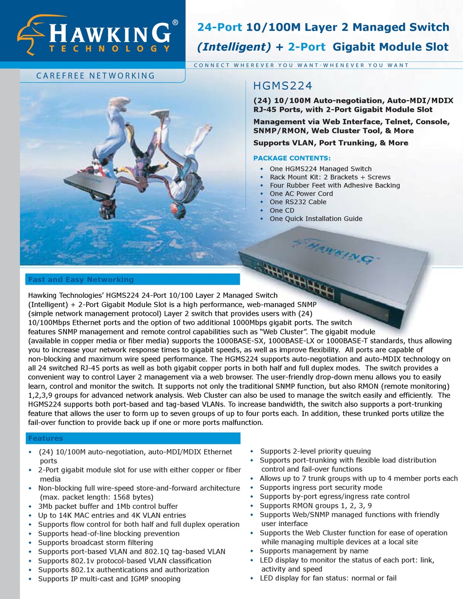 HAWKING HGMS224 NETWORK ROUTER SPECIFICATION SHEET | ManualsLib