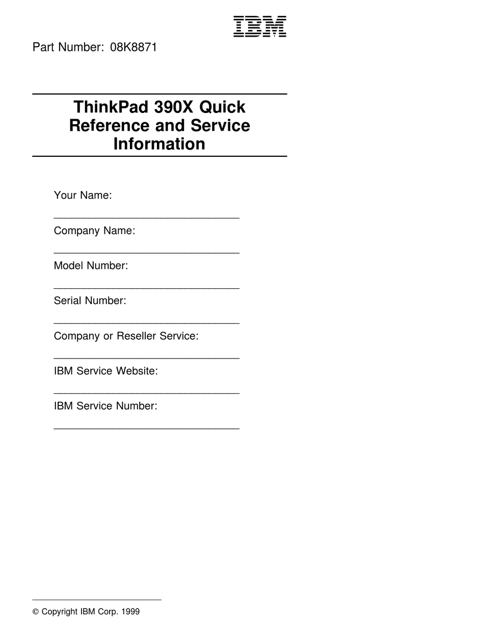IBM THINKPAD 390X LAPTOP QUICK REFERENCE MANUAL | ManualsLib