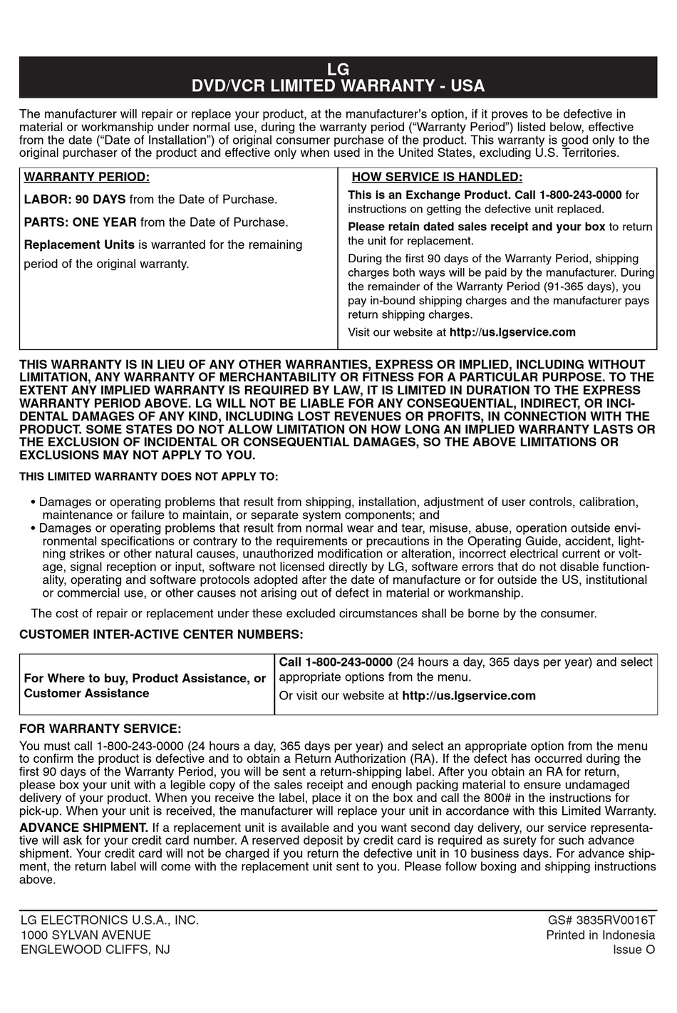 LG LDX-514 DVD VCR COMBO WARRANTY | ManualsLib