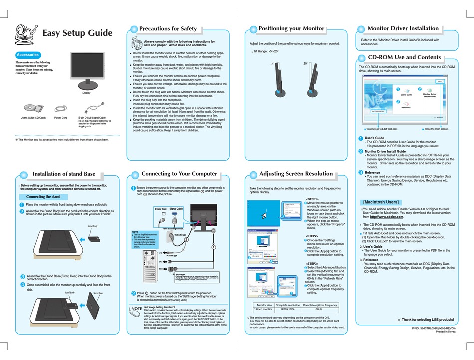 LG L1718S MONITOR EASY SETUP MANUAL | ManualsLib