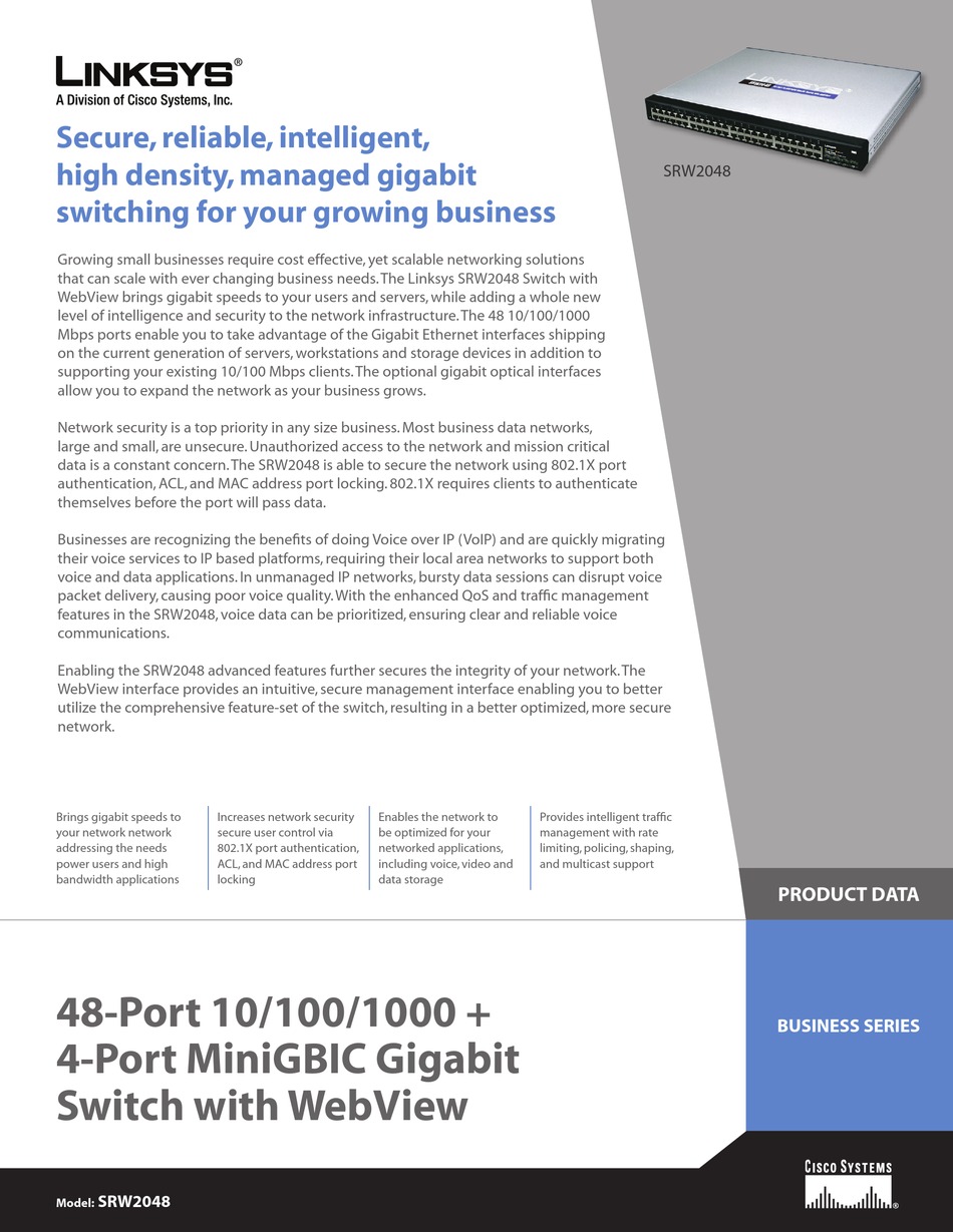 LINKSYS SRW2048 SWITCH PRODUCT DATA | ManualsLib