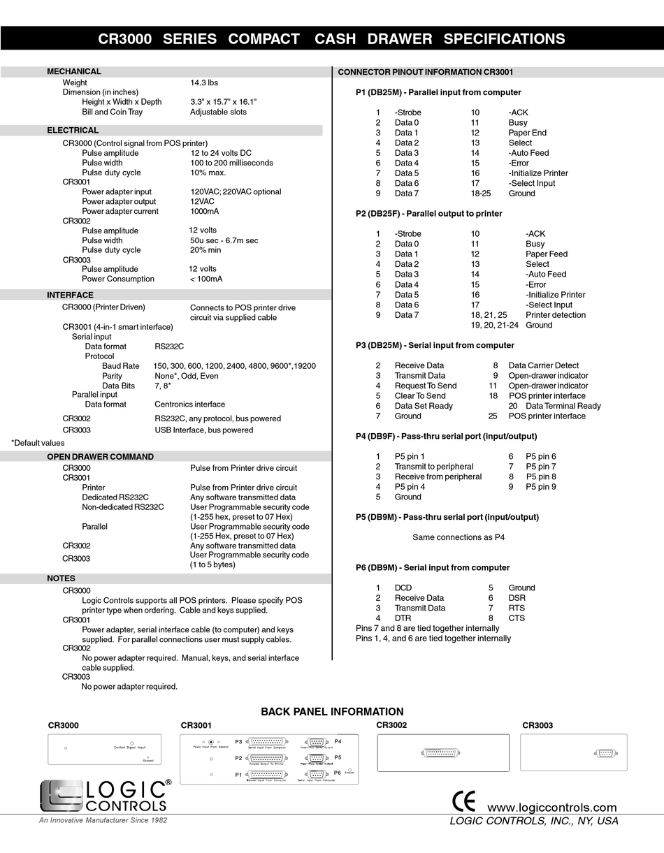 LOGIC CONTROLS CR3000 LCD DRAWER SPECIFICATIONS | ManualsLib