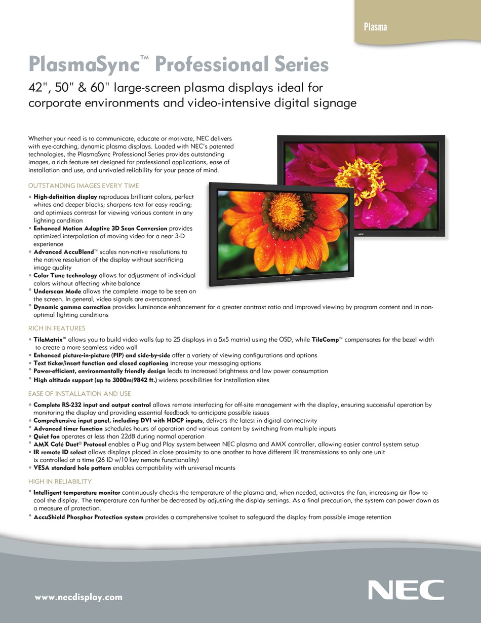 NEC PLASMASYNC 42XP10 MONITOR SPECIFICATIONS | ManualsLib