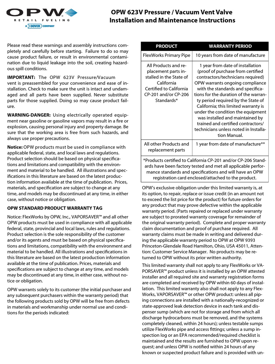 DOVER OPW 623V SERIES INSTALLATION AND MAINTENANCE INSTRUCTIONS Pdf ...