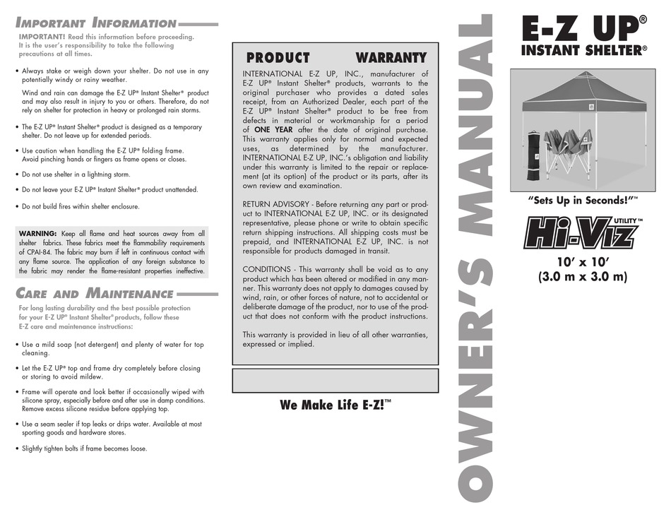 E-Z UP HI-VIZ HV910BOR OWNER'S MANUAL Pdf Download | ManualsLib