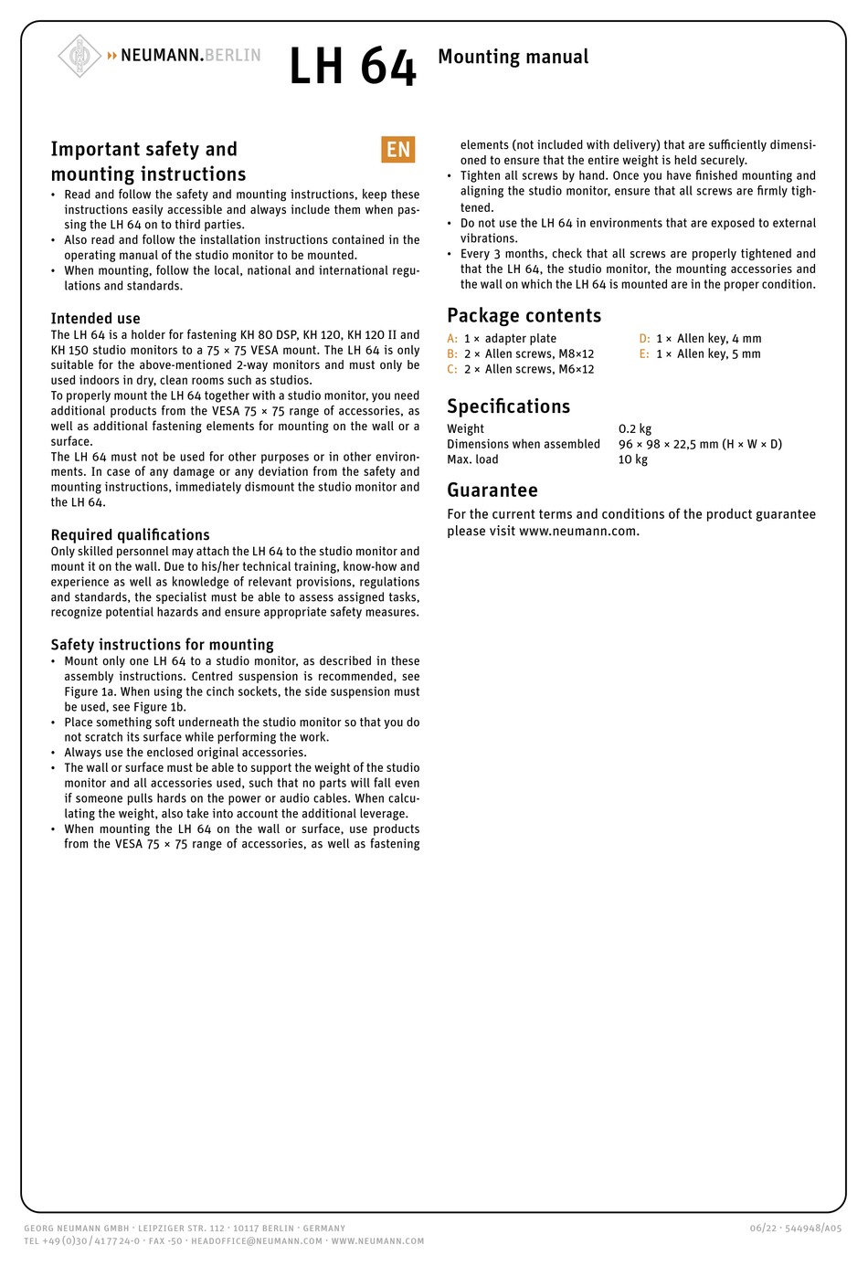NEUMANN.BERLIN LH 64 MOUNTING MANUAL Pdf Download | ManualsLib