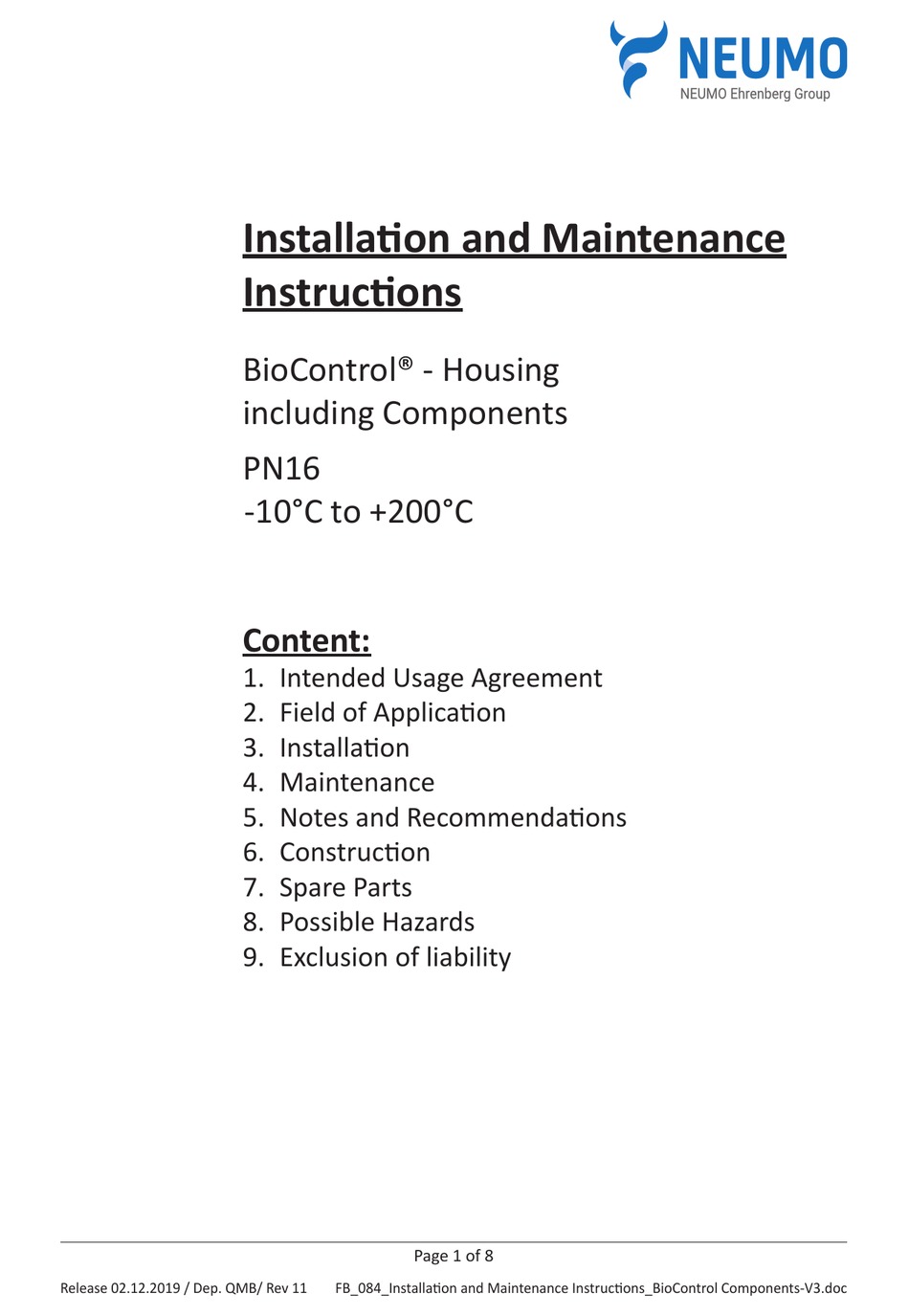 NEUMO BIOCONTROL INSTALLATION AND MAINTENANCE INSTRUCTIONS MANUAL Pdf ...