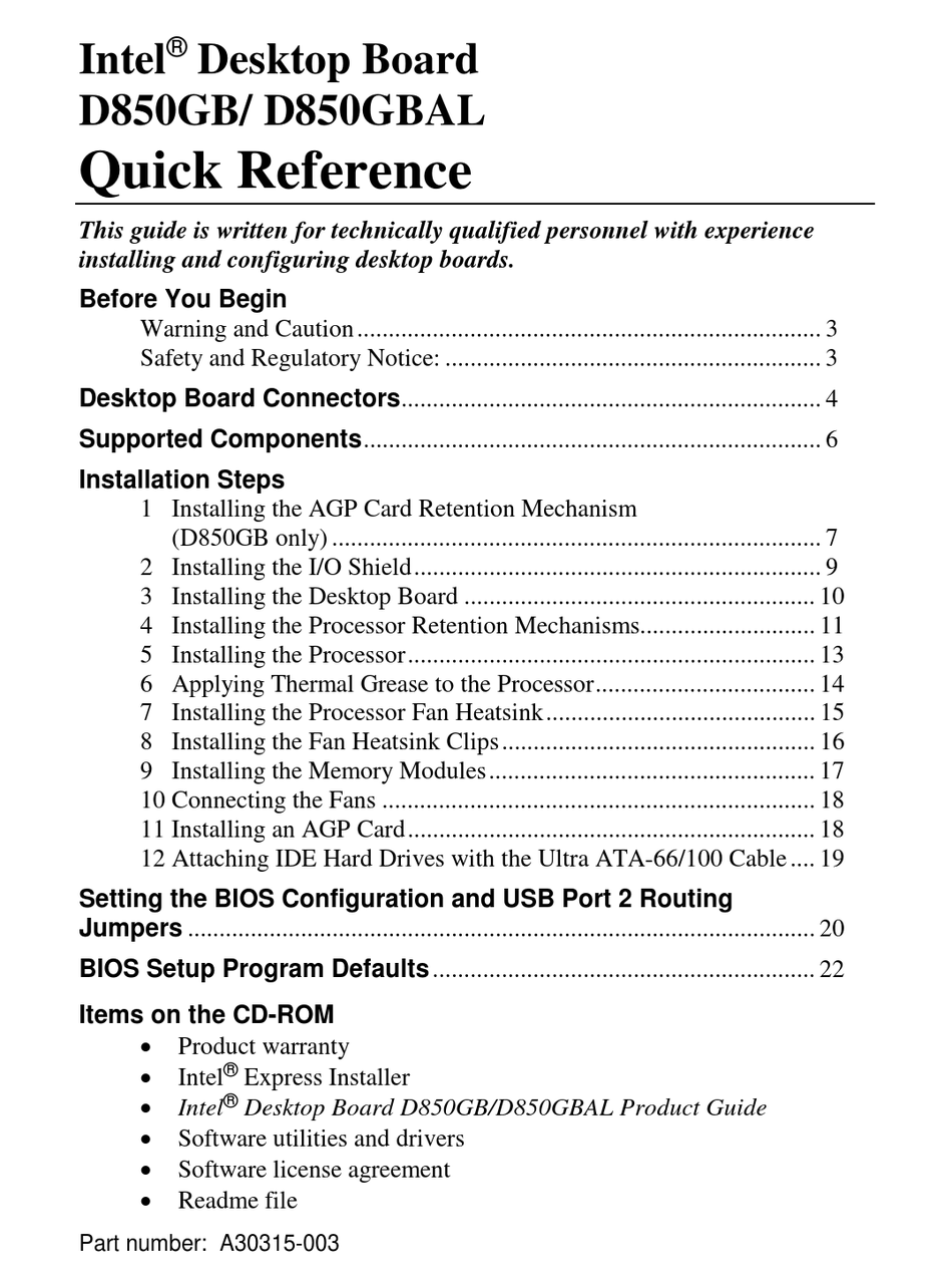 INTEL D850GB QUICK REFERENCE Pdf Download | ManualsLib